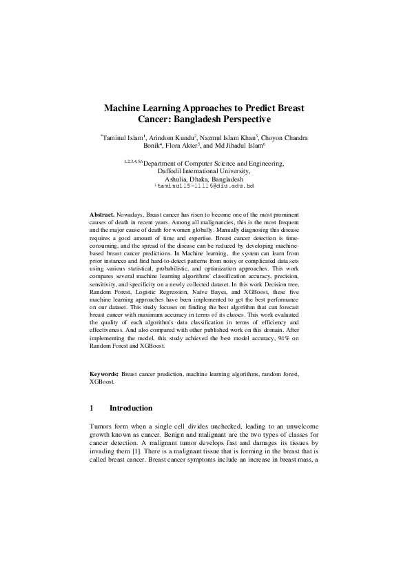 (PDF) Machine Learning Approaches to Predict Breast Cancer: Bangladesh Perspective