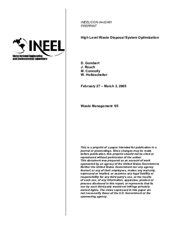 (PDF) High Level Waste Disposal System Optimization