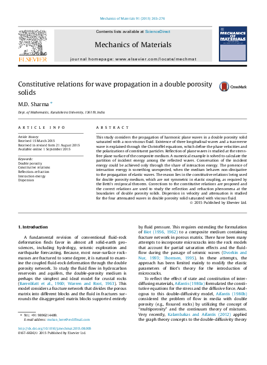 Pdf Constitutive Relations For Wave Propagation In A Double Porosity Solids