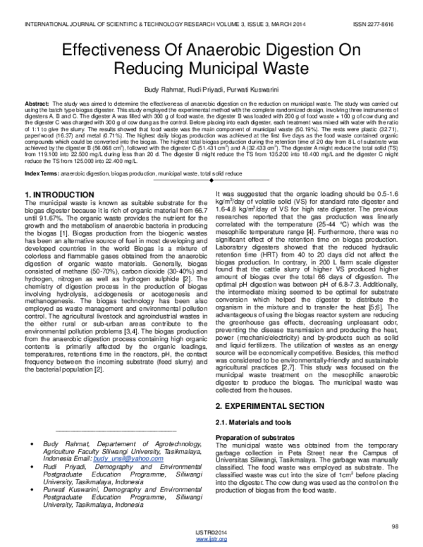 (PDF) Effectiveness Of Anaerobic Digestion On Reducing Municipal Waste