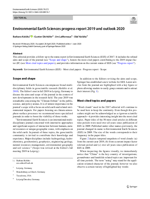 (PDF) Environmental Earth Sciences progress report 2019 and outlook 2020