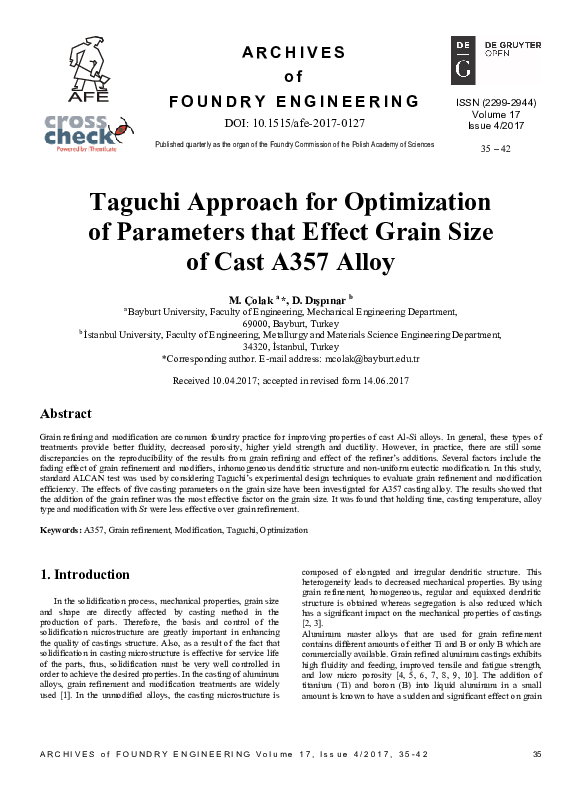 (PDF) Taguchi Approach for Optimization of Parameters that Effect Grain Size of Cast A357 Alloy