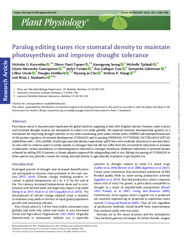 (PDF) Paralog editing tunes rice stomatal density to maintain ...