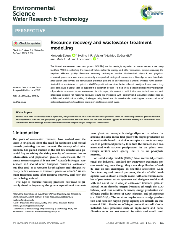 (PDF) Resource recovery and wastewater treatment modelling