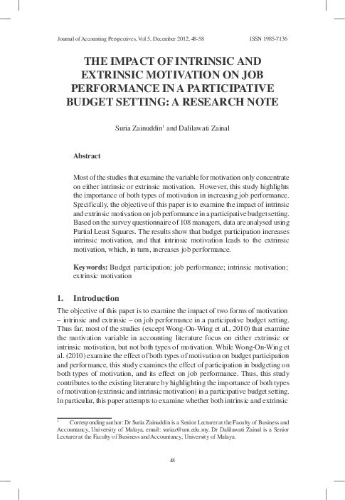 (PDF) The Impact of Intrinsic and Extrinsic Motivation on Job Performance in a Participative ...