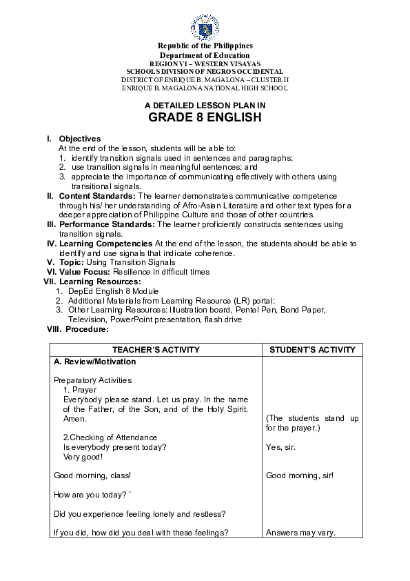 (DOC) Lesson Plan in English- Use of Transition Signals