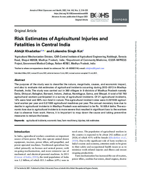 (PDF) Risk Estimates of Agricultural Injuries and Fatalities in Central ...