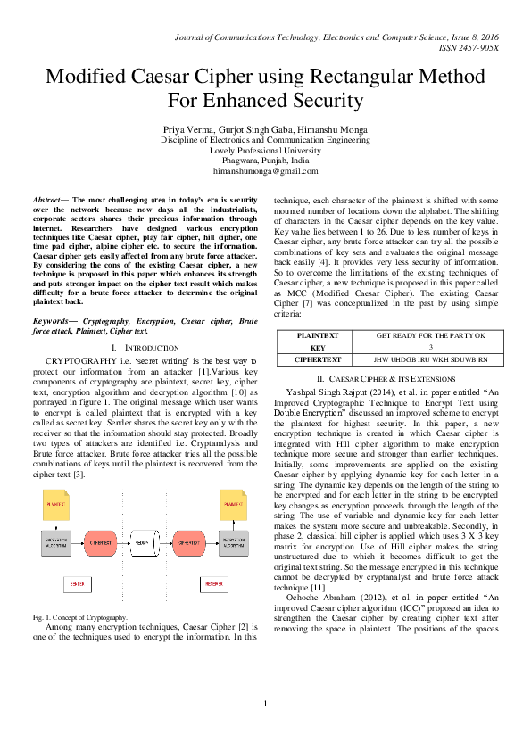 Pdf Modified Caesar Cipher Using Rectangular Method For Enhanced Security 
