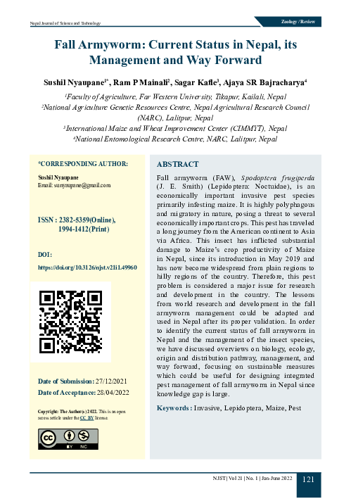 (PDF) Fall Armyworm: Current Status in Nepal, its Management and Way Forward