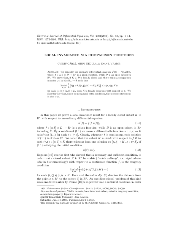 (PDF) Local Invariance via Comparison Functions | Carja Ovidiu - Academia.edu