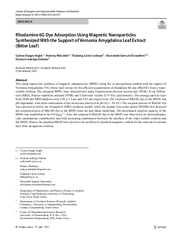 (PDF) Rhodamine 6G Dye Adsorption Using Magnetic Nanoparticles Synthesized With the Support of ...