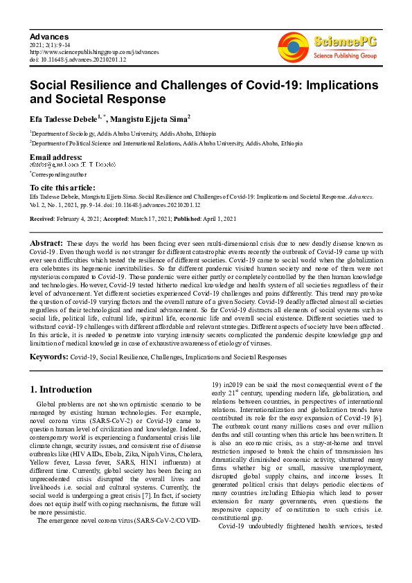 (PDF) Social Resilience and Challenges of Covid-19: Implications and ...