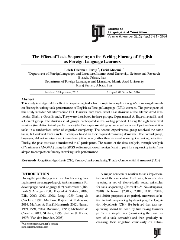 (PDF) The Effect of Task Sequencing on the Writing Fluency of English as Foreign Language Learners
