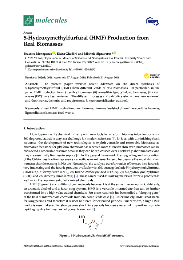 (PDF) 5-Hydroxymethylfurfural (HMF) Production from Real Biomasses
