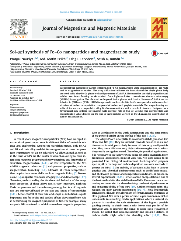 (PDF) Sol–gel synthesis of Fe–Co nanoparticles and magnetization study