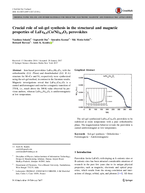 (PDF) Crucial role of sol–gel synthesis in the structural and magnetic properties of LaFe0.5(Co ...