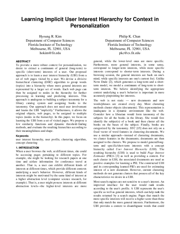 Pdf Learning Implicit User Interest Hierarchy For Context In Personalization Hyoungrae Kim