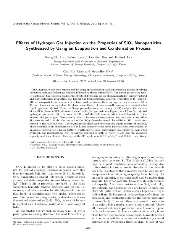 (PDF) Effects of hydrogen gas injection on the properties of SiO x nanoparticles synthesized by ...