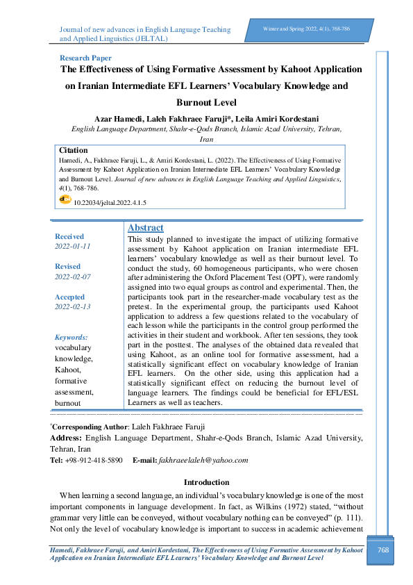 (PDF) The Effectiveness of Using Formative Assessment by Kahoot Application on Iranian ...