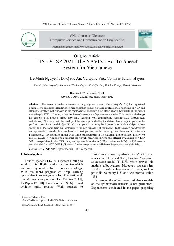 (PDF) TTS - VLSP 2021: The NAVI’s Text-To-Speech System for Vietnamese