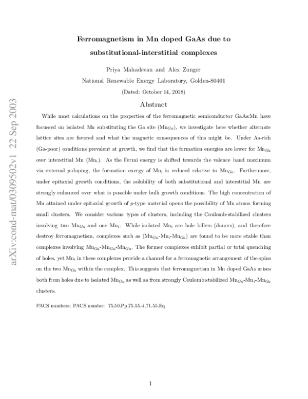 (PDF) Ferromagnetism in Mn-doped GaAs due to substitutional-interstitial complexes