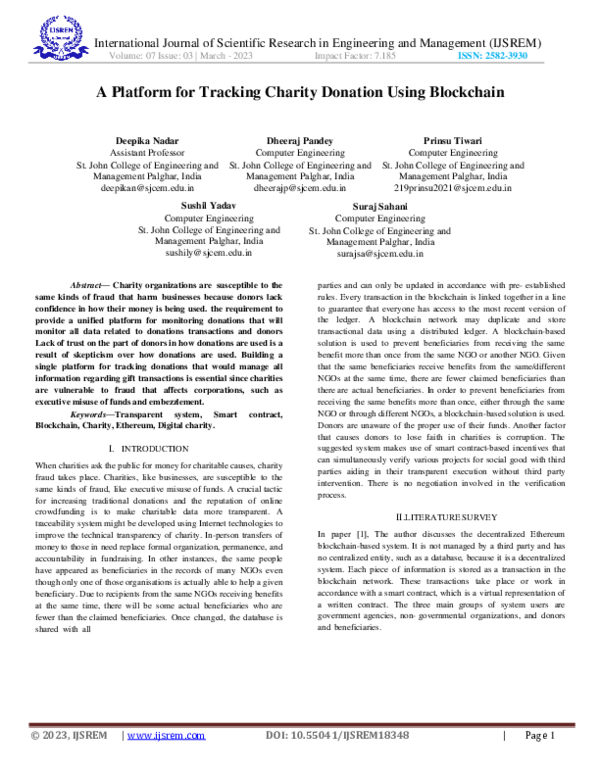 (PDF) A Platform for Tracking Charity Donation Using Blockchain
