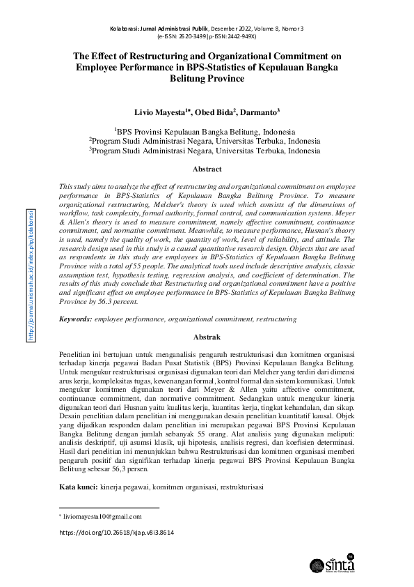 (PDF) The Effect of Restructuring and Organizational Commitment on Employee Performance in BPS ...