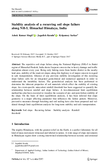 (PDF) Stability analysis of a recurring soil slope failure along NH-5, Himachal Himalaya, India