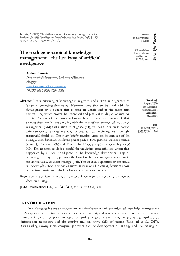 (PDF) The sixth generation of knowledge management – the headway of artificial intelligence