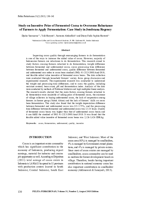(PDF) Study on Incentive Price of Fermented Cocoa to Overcome Reluctance of Farmer to Apply ...
