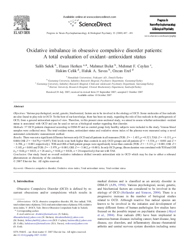 (PDF) Oxidative Imbalance in OCD: Evaluating Antioxidant Status
