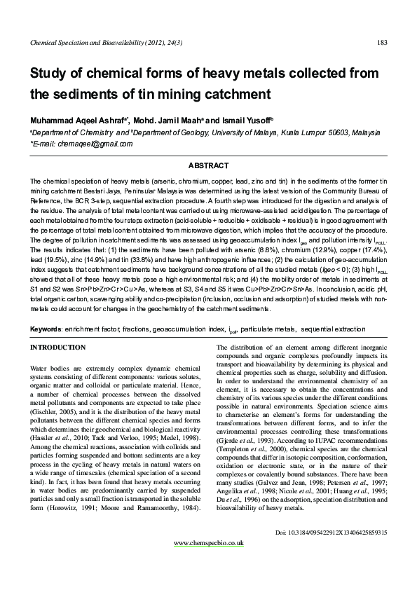 (PDF) Study of chemical forms of heavy metals collected from the sediments of tin mining catchment