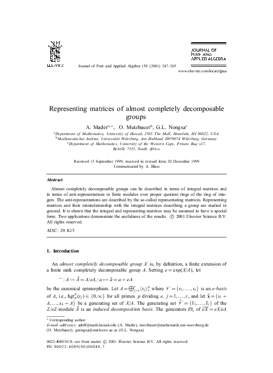 (PDF) Almost Completely Decomposable Groups' Matrices