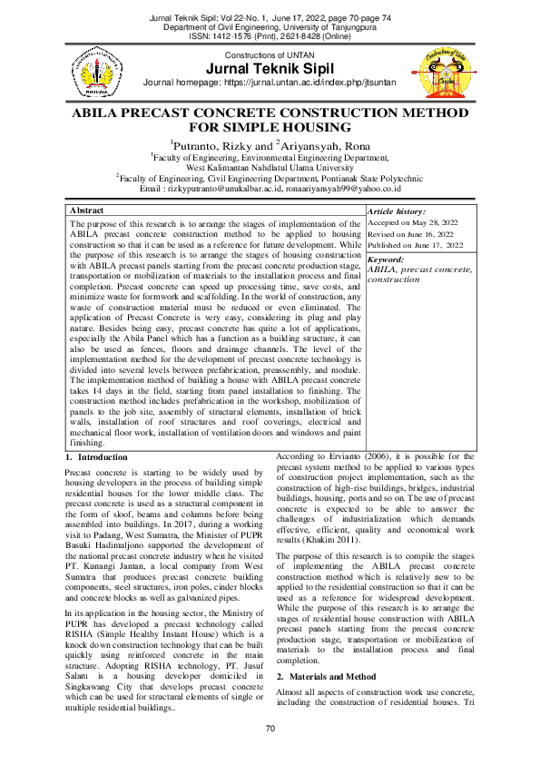 (PDF) Construction Method of Abila Precast Concrete for Housing