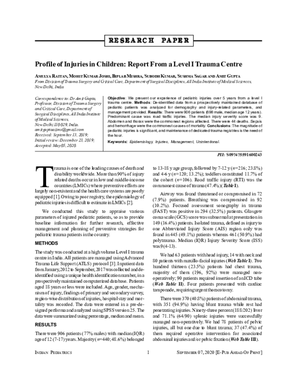 (PDF) Profile of Injuries in Children: Report From a Level I Trauma Center