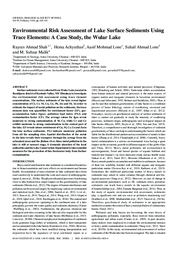 (PDF) Environmental Risk Assessment of Lake Surface Sediments Using Trace Elements: A Case Study ...