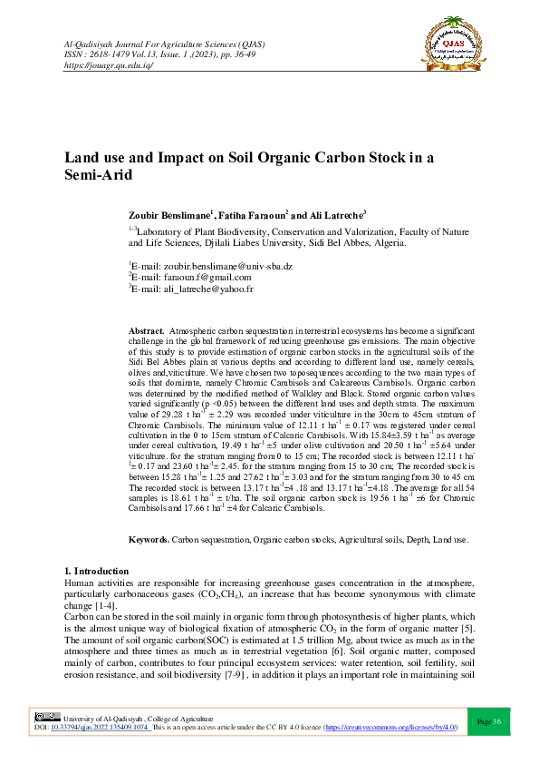 (PDF) Land use and Impact on Soil Organic Carbon Stock in a Semi-Arid | fatiha faraoun ...