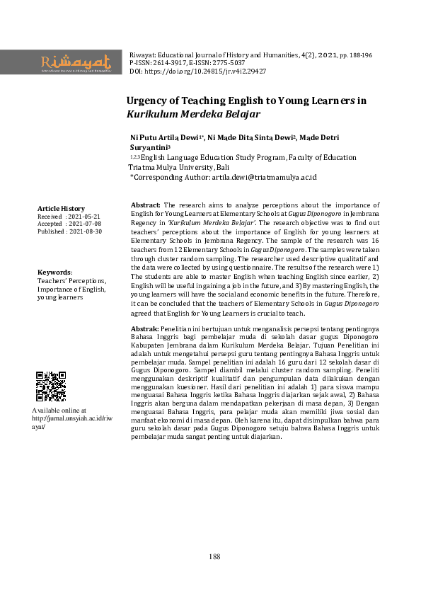 (PDF) Urgency of Teaching English to Young Learners in Kurikulum ...