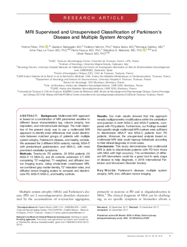 (PDF) MRI supervised and unsupervised classification of Parkinson's disease and multiple system ...