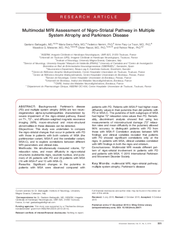 (PDF) Multimodal MRI assessment of nigro-striatal pathway in multiple system atrophy and ...