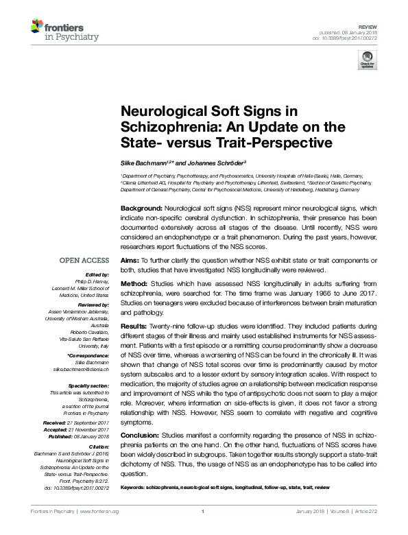 (PDF) Neurological Soft Signs in Schizophrenia: An Update on the State ...