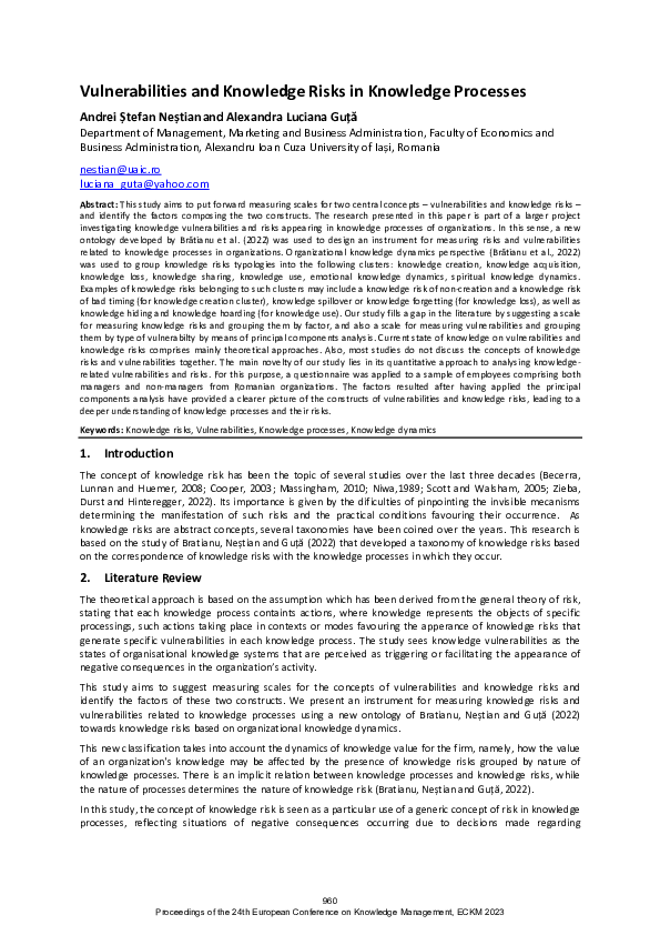 (PDF) Vulnerabilities and Knowledge Risks in Knowledge Processes