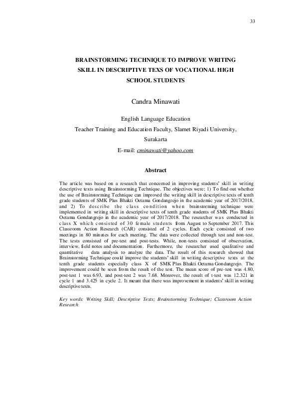 (PDF) Brainstorming Technique to Improve Writing Skill in Descriptive Texts of Vocational High ...