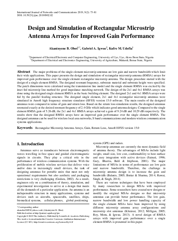(PDF) Design and Simulation of Rectangular Microstrip Antenna Arrays for Improved Gain Performance