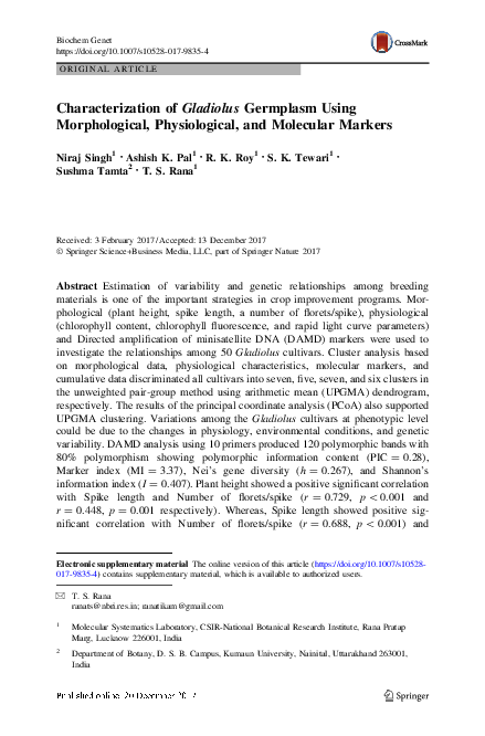 (PDF) Characterization of Gladiolus Germplasm Using Morphological, Physiological, and Molecular ...