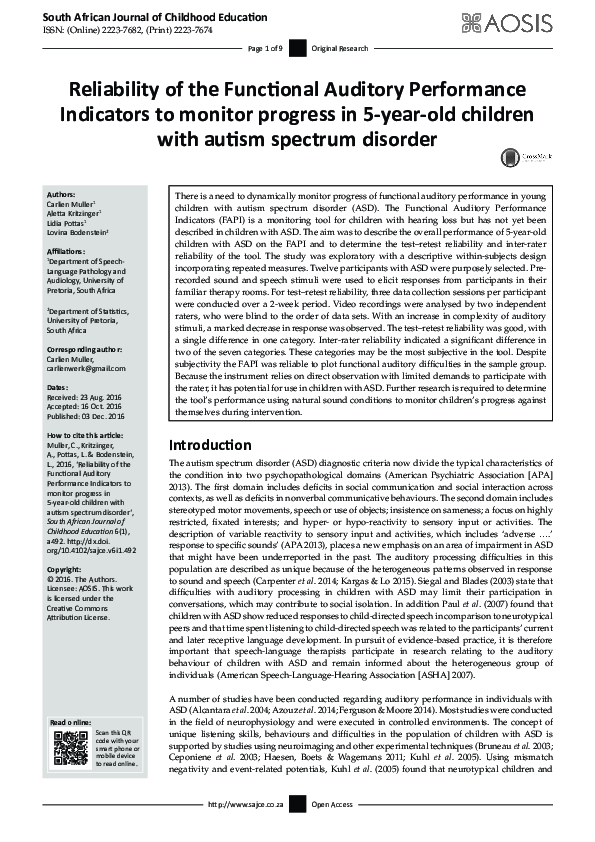 (PDF) Reliability of the Functional Auditory Performance Indicators to ...