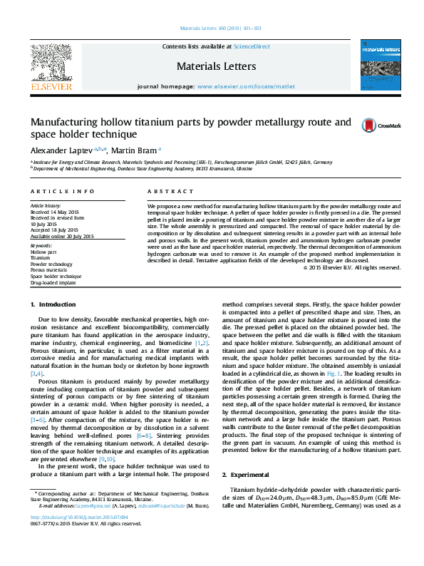 (PDF) Manufacturing hollow titanium parts by powder metallurgy route ...