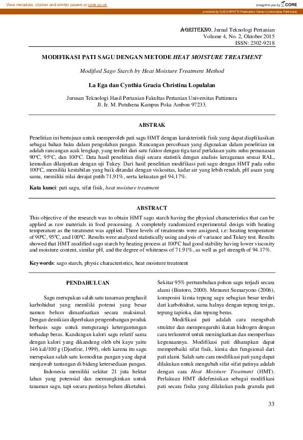 (PDF) Modifikasi Pati Sagu Dengan Metode Heat Moisture Treatment