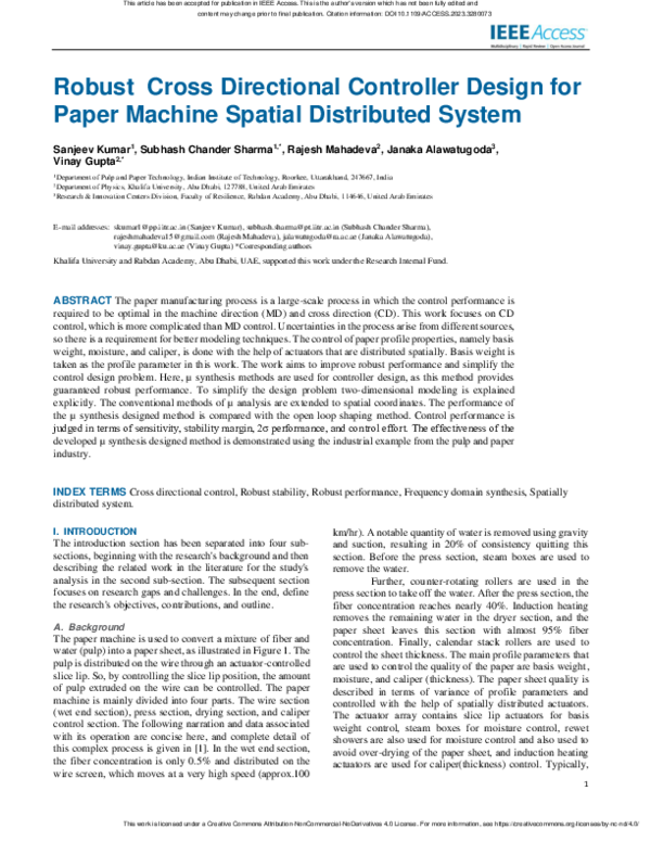 (PDF) Robust Cross Directional Controller Design for Paper Machine Spatial Distributed System
