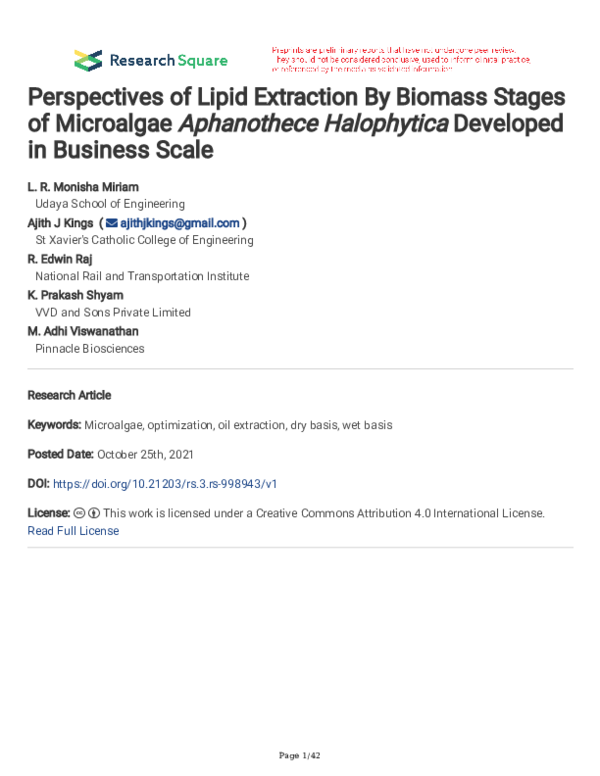 (PDF) Perspectives of Lipid Extraction By Biomass Stages of Microalgae Aphanothece Halophytica ...
